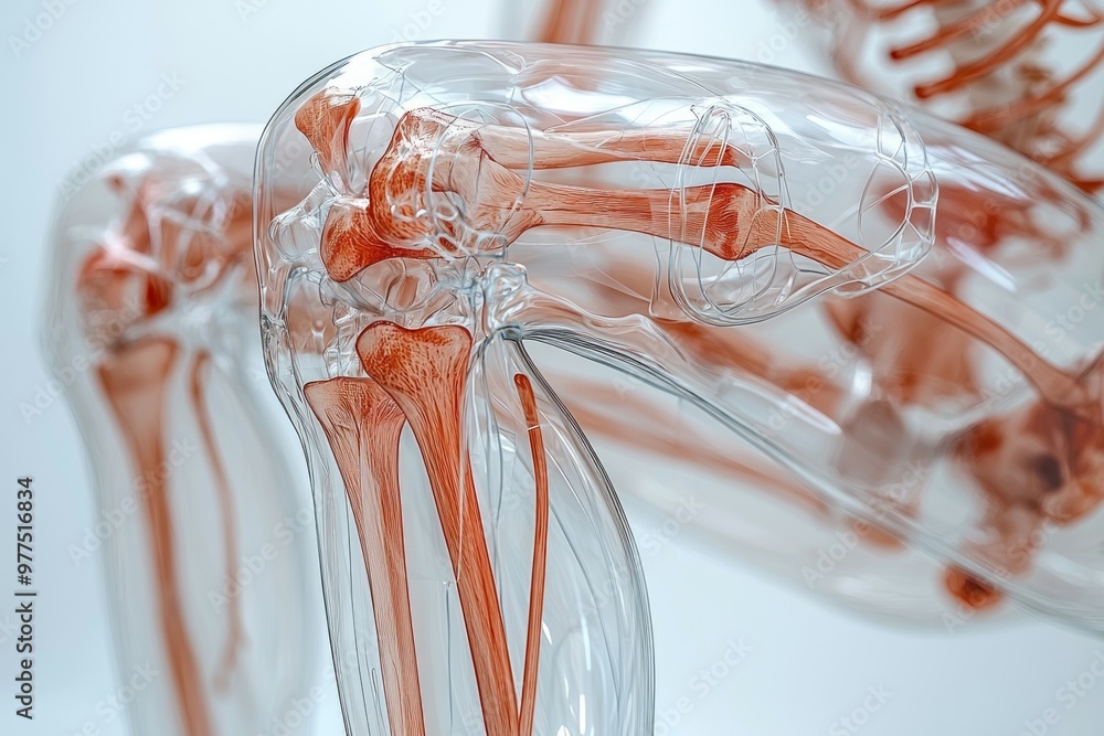Translucent 3D model of a human skeleton, close-up focus on the knee ...