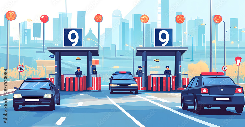 Police Checkpoint with Patrol Cars and Officers at a City Toll Booth ...