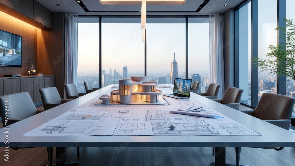 Foto de Architectural planning room featuring a large table with ...
