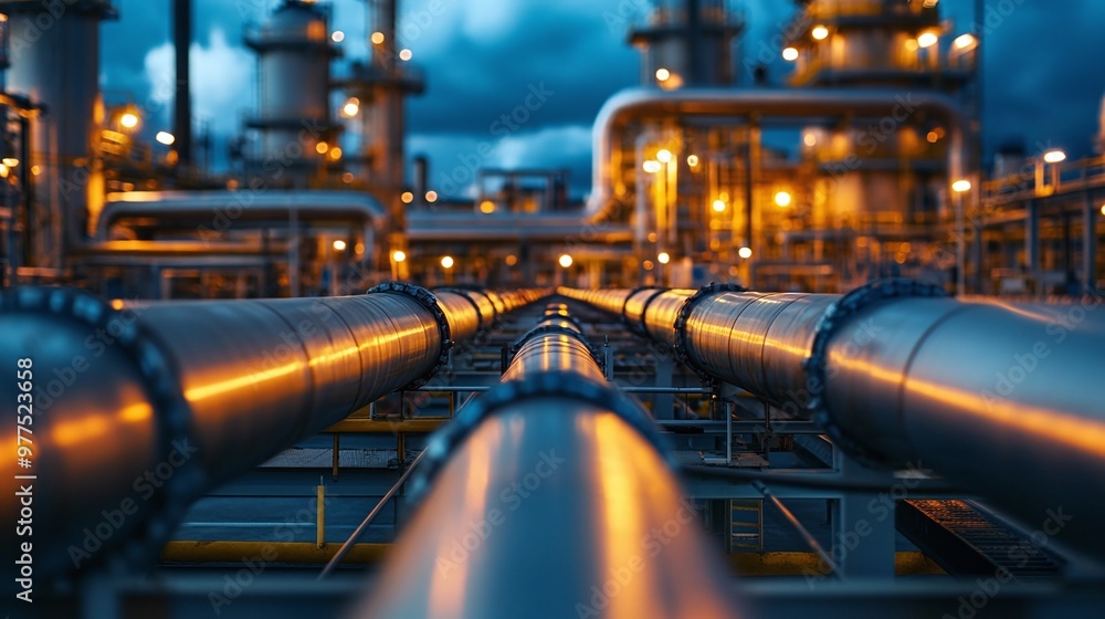 detailed look at industrial pipelines in a nighttime factory setting ...