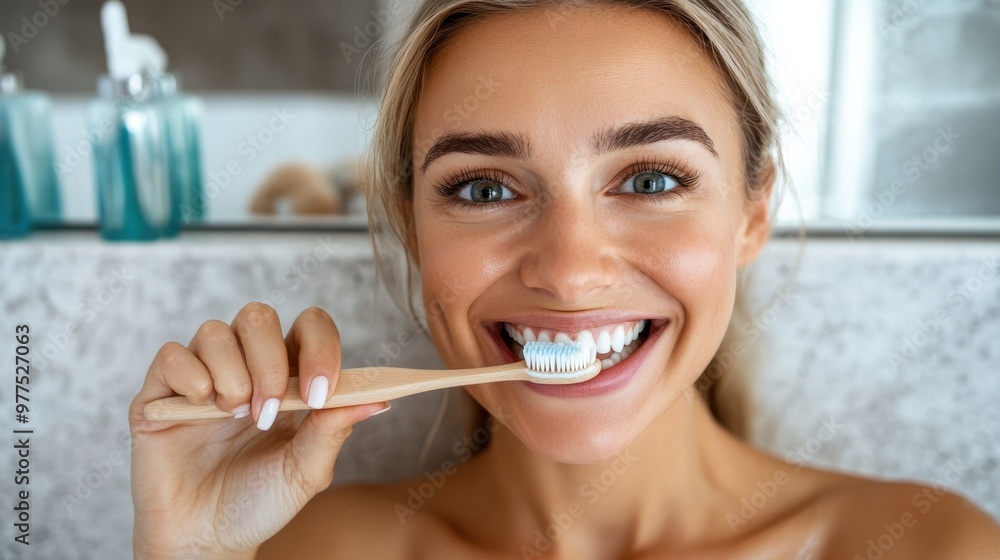 An enthusiastic young woman brushes her teeth amid a modern bathroom ...