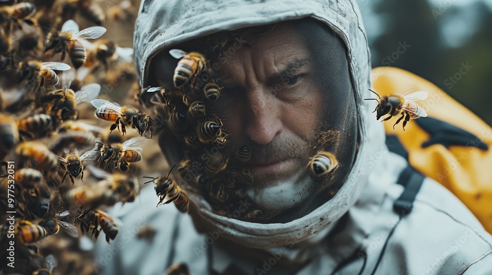 scene of a beekeeper in full suit managing a swarm of bees showcasing ...