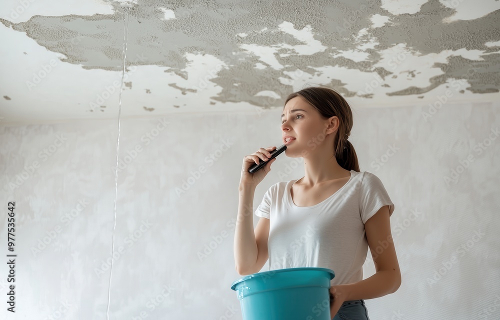 Woman Holding Bucket Under Leaking Roof with Water Dripping from ...