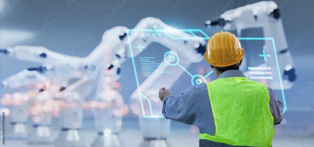 Engineer monitoring robotic AI arms in manufacturing factory plant ...