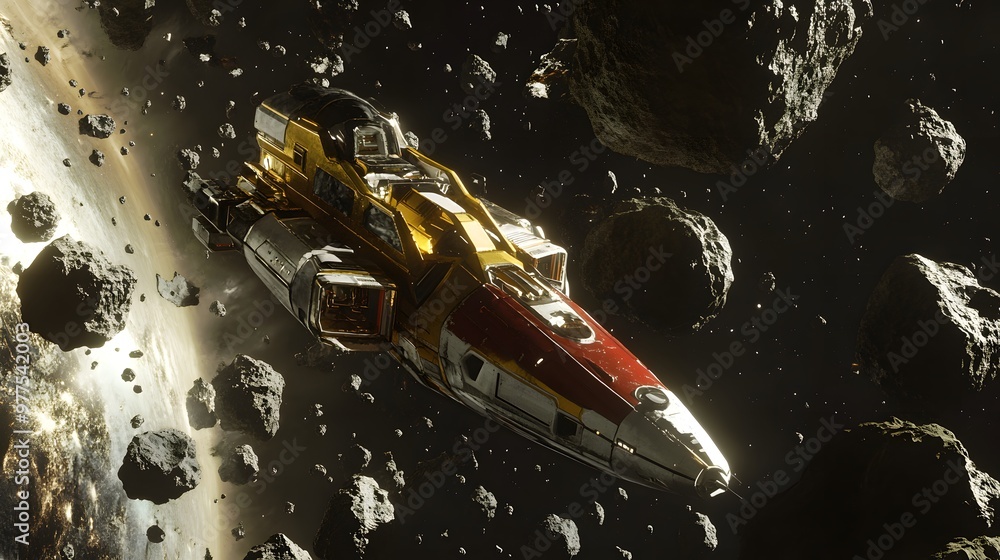 Asteroid and Spacecraft: A futuristic spacecraft navigating through a treacherous asteroid field ...