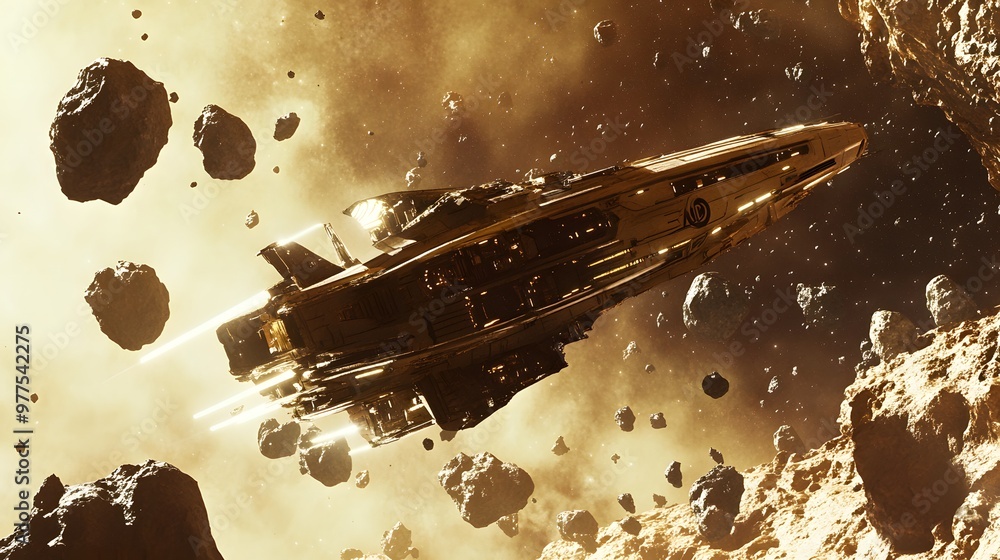 Asteroid and Spacecraft: A futuristic spacecraft navigating through a treacherous asteroid field ...