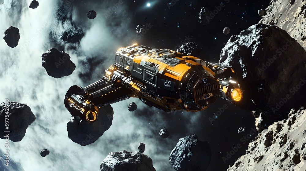 Asteroid and Spacecraft: A futuristic spacecraft navigating through a treacherous asteroid field ...
