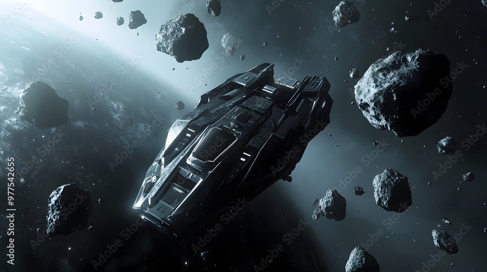 Asteroid and Spacecraft: A futuristic spacecraft navigating through a treacherous asteroid field ...