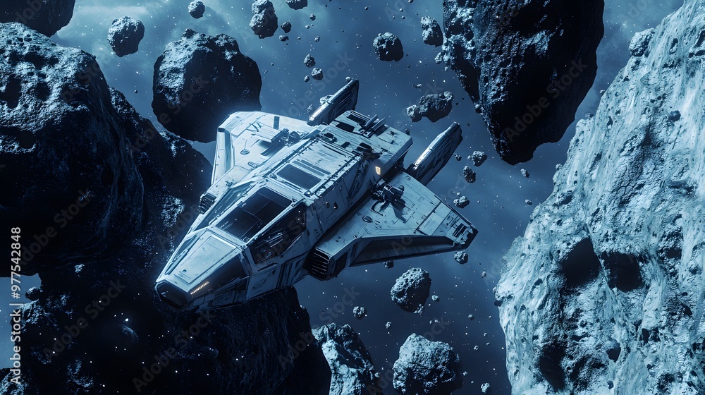Asteroid and Spacecraft: A futuristic spacecraft navigating through a treacherous asteroid field ...