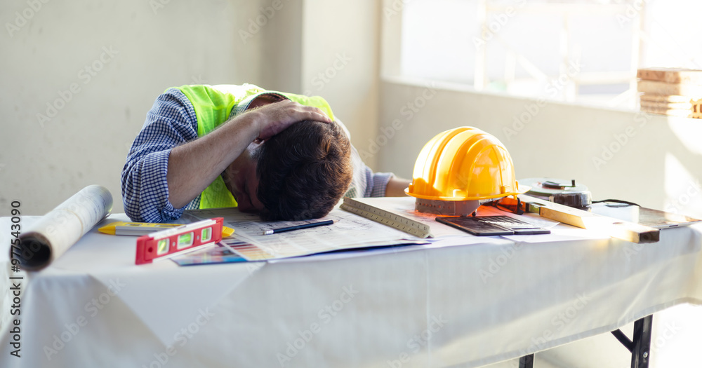 Caucasian man architect engineer construction tired and exhausted face on the table working on ...
