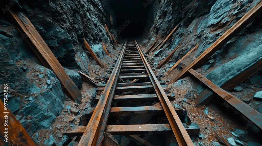 Rusty, narrow railway tracks in an old, abandoned mine tunnel supported ...