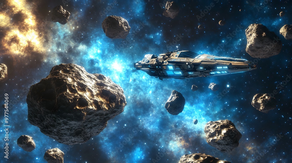 Asteroid and Spacecraft: A futuristic spacecraft navigating through a treacherous asteroid field ...