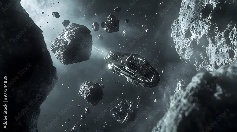 Asteroid and Spacecraft: A futuristic spacecraft navigating through a treacherous asteroid field ...