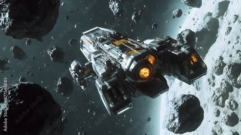 Asteroid and Spacecraft: A futuristic spacecraft navigating through a treacherous asteroid field ...