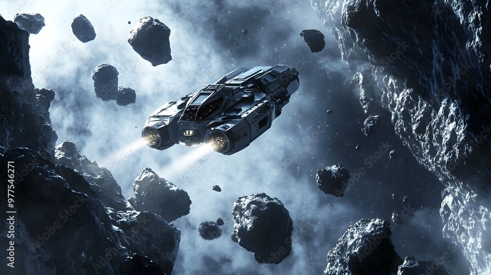 Asteroid and Spacecraft: A futuristic spacecraft navigating through a treacherous asteroid field ...