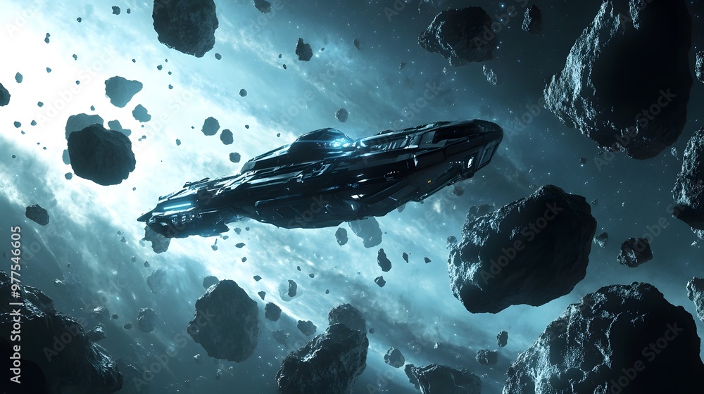 Asteroid and Spacecraft: A futuristic spacecraft navigating through a treacherous asteroid field ...