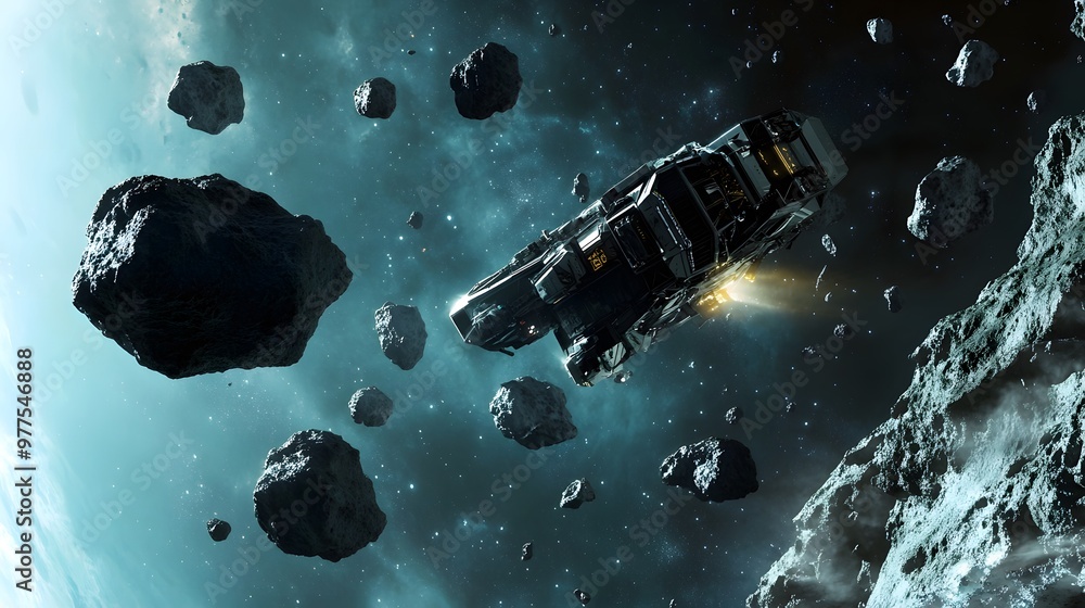 Asteroid and Spacecraft: A futuristic spacecraft navigating through a treacherous asteroid field ...