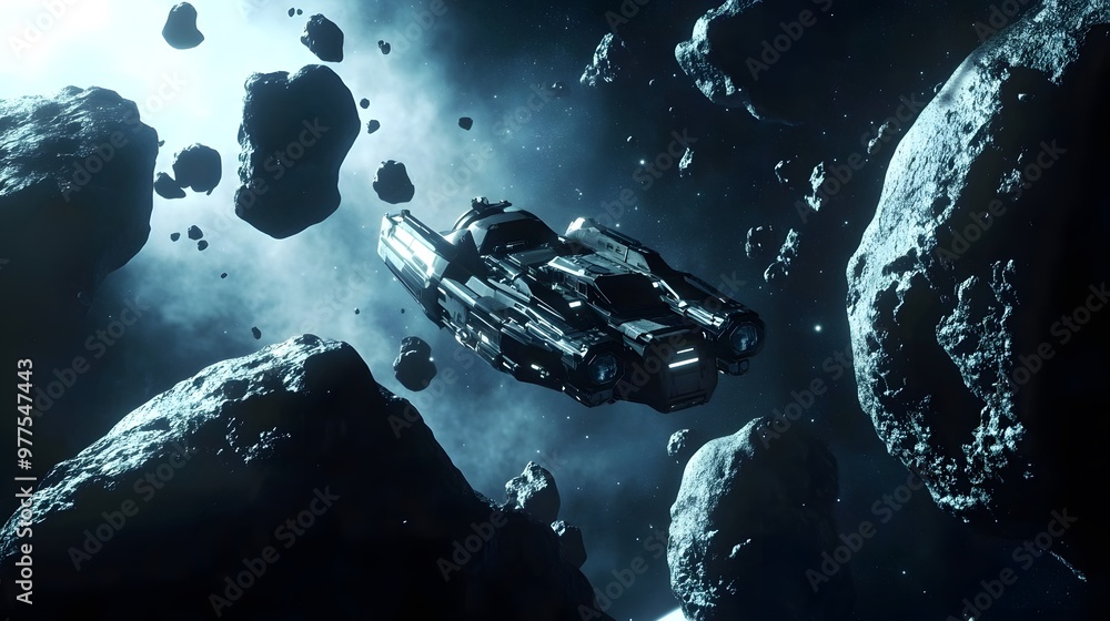 Asteroid and Spacecraft: A futuristic spacecraft navigating through a treacherous asteroid field ...