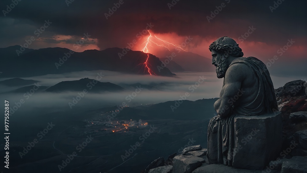 Weathered grey stone statue of a stoic Greek philosopher, deeply ...