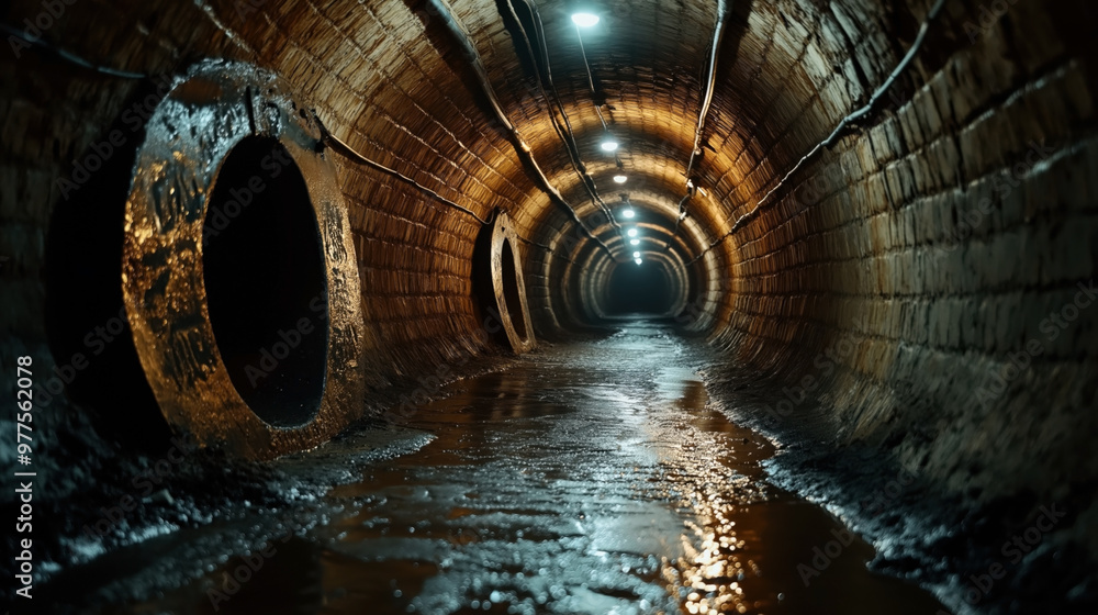 Dimly lit underground sewer tunnel made of brick, featuring large ...