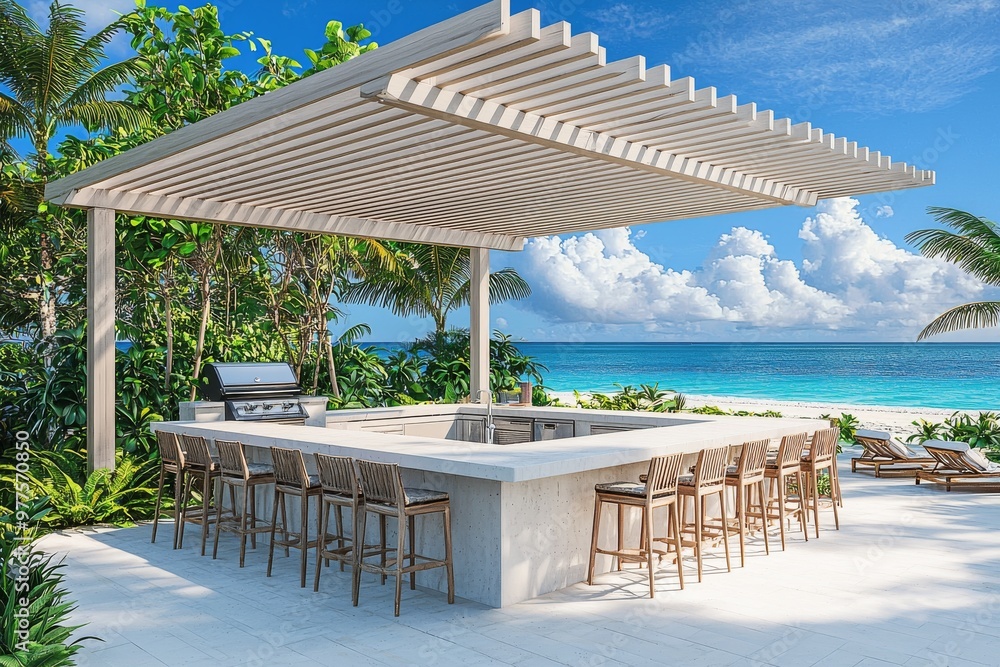 On a coastal beach with a built-in grill, wooden frame chairs, and a ...