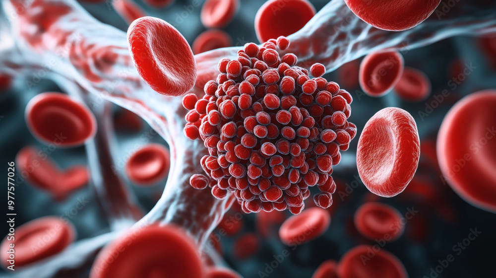 3D illustration of red blood cells and a blood clot inside a blood ...