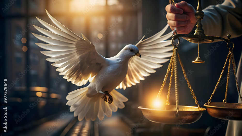 Isolated Vector of a Peace Dove Holding Glowing Scales of Justice ...