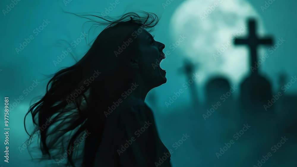 A haunting a woman with flowing hair, screaming in despair against a ...