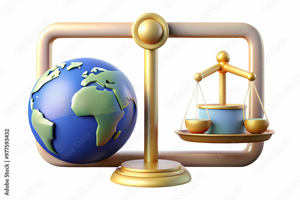 3D Border Frame with Floating Scales of Justice & Globe Symbolizing ...