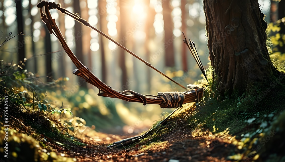 Sunlit forest showcases traditional wooden bow and arrows, celebrating ...