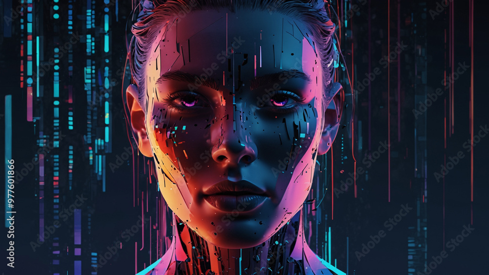 AI-generated tech abstract model with a digital glitch background ...