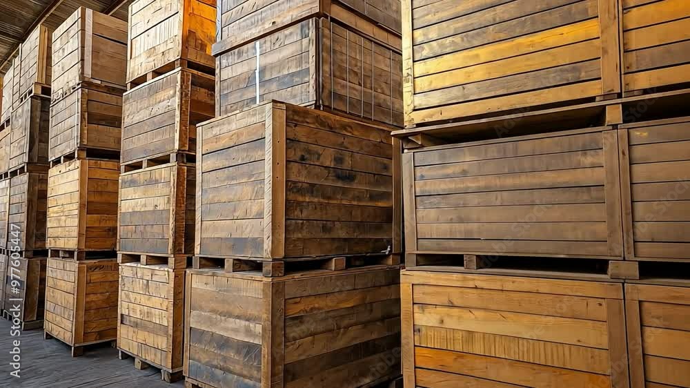 Huge wooden crates stacked in a storage facility. Large crates of ...