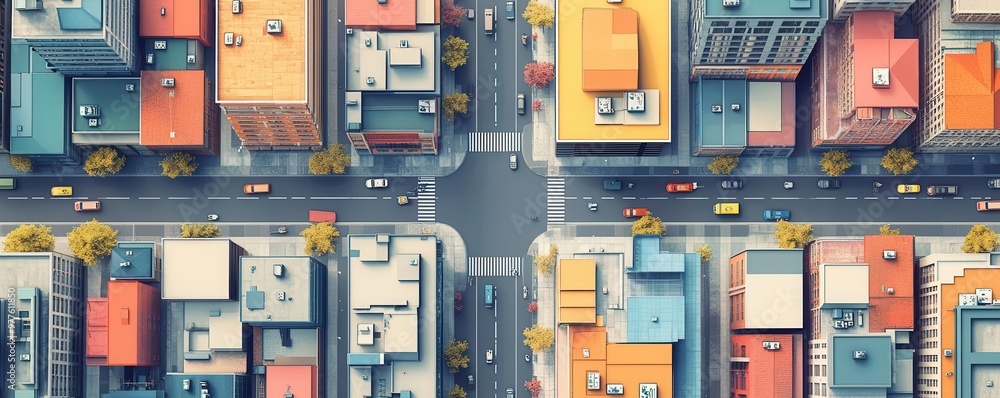 Smart city flat design top view urban planning cartoon drawing colored ...