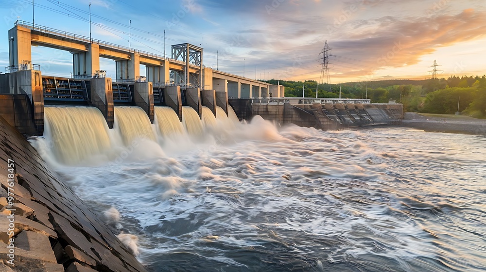 Hydroelectric dam with rushing water and electric turbines turning with ...