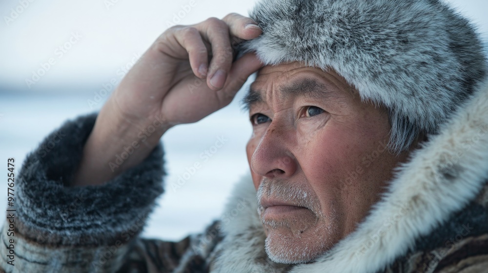 Close-up candid portrait of an Inuit man scanning the horizon with a ...