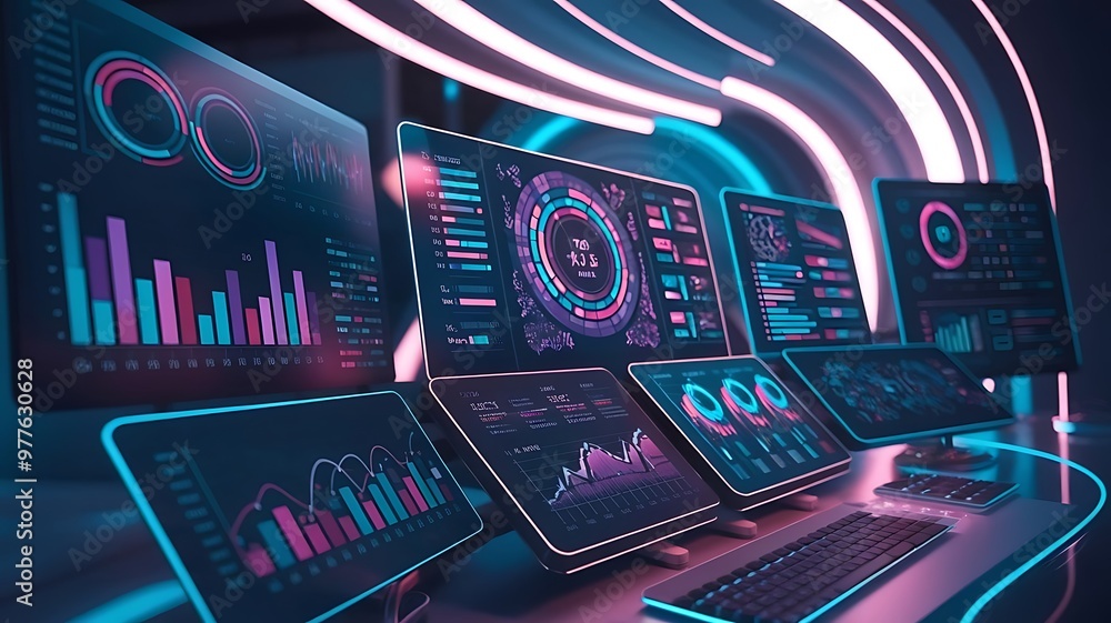 Computer monitor displaying an abstract network monitoring dashboard with real-time data ...
