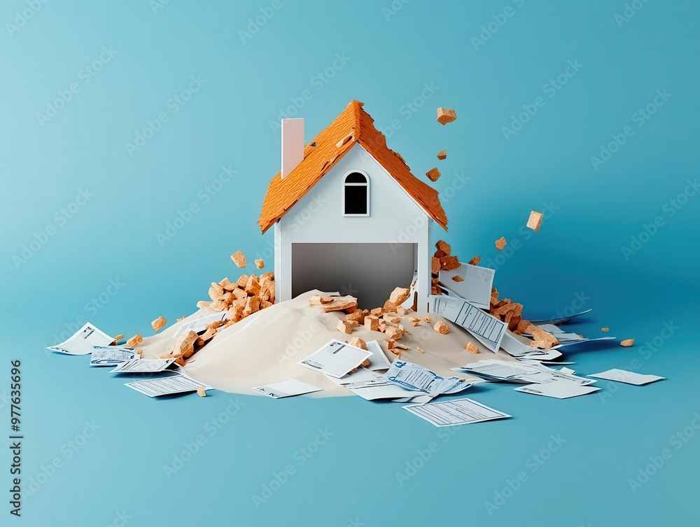 House crumbling like a sandcastle with loan papers scattered, mortgage ...