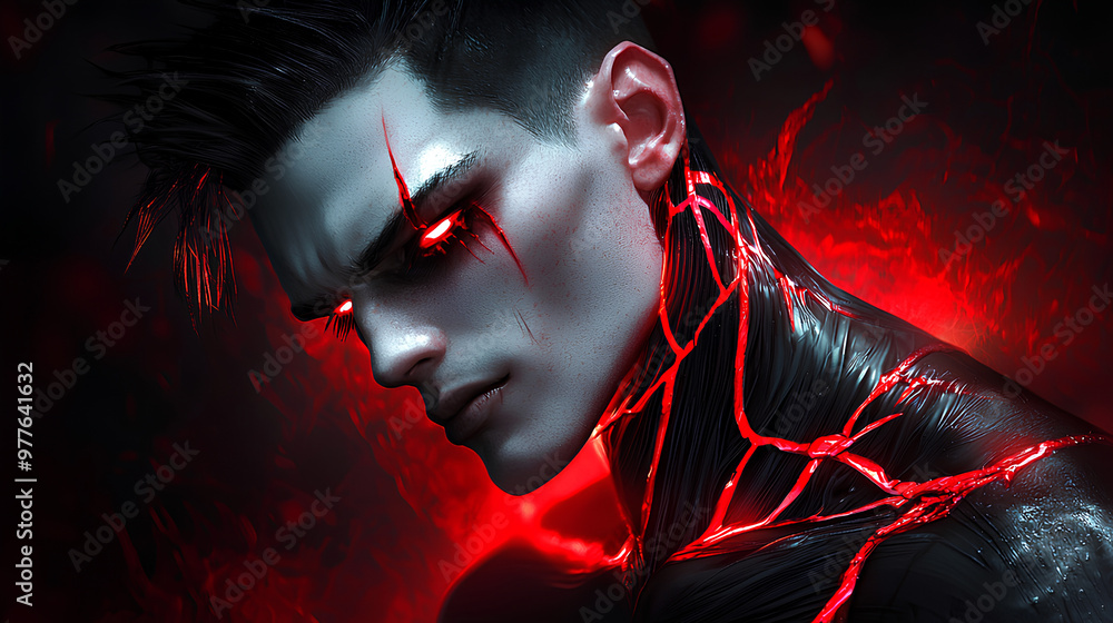 A man with red eyes and a red neck is shown in a black background. The ...