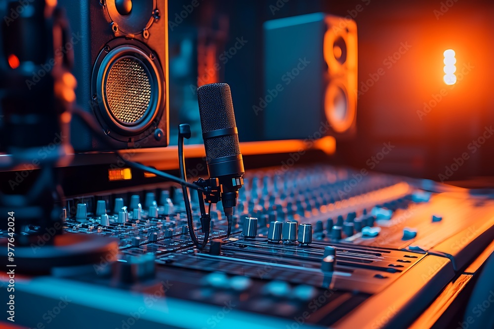 Professional microphone standing over audio mixer in recording studio ...