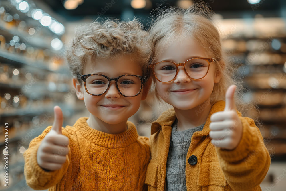 Happy children in eyeglasses shop, trying on different types of ...
