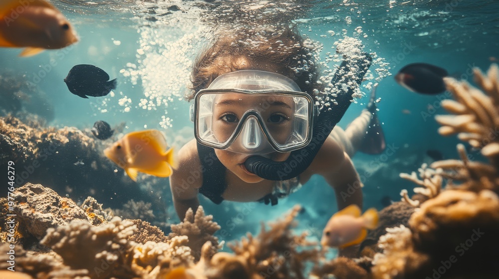 Child acting as a marine explorer, diving near a coral reef, with a ...