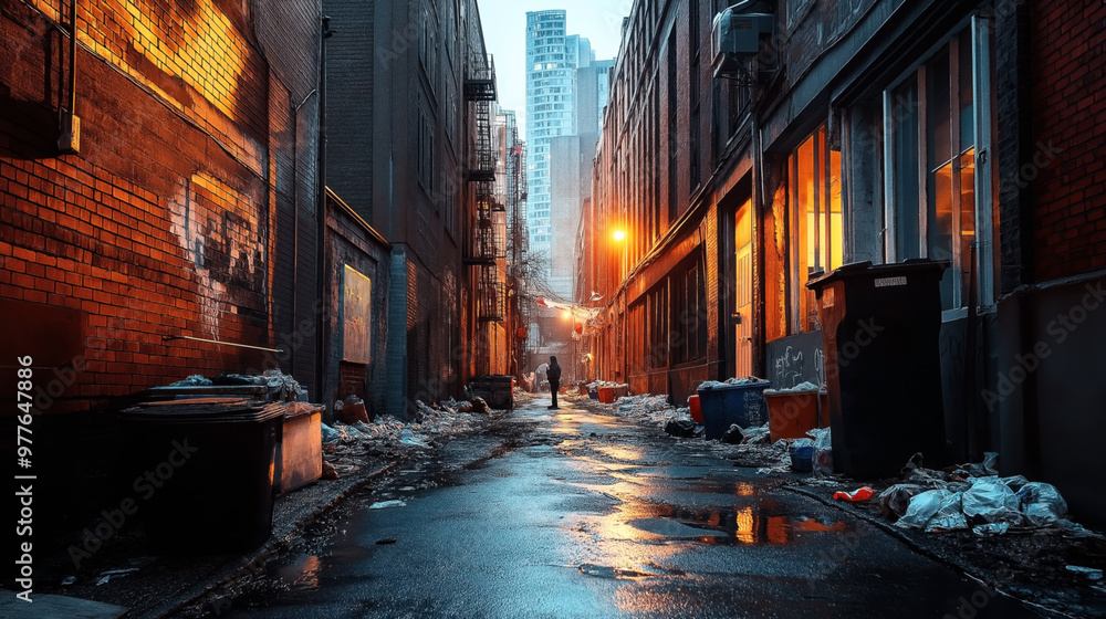 Narrow urban alley at dusk with scattered trash and wet pavement ...