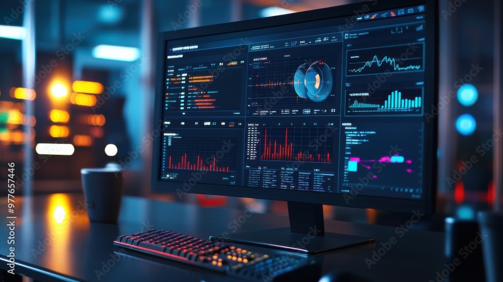Computer monitor displaying an abstract network monitoring dashboard with real-time data ...