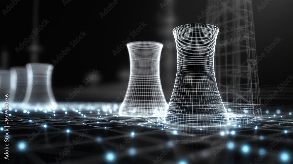 A wireframe model of a nuclear reactor, with external cooling towers ...