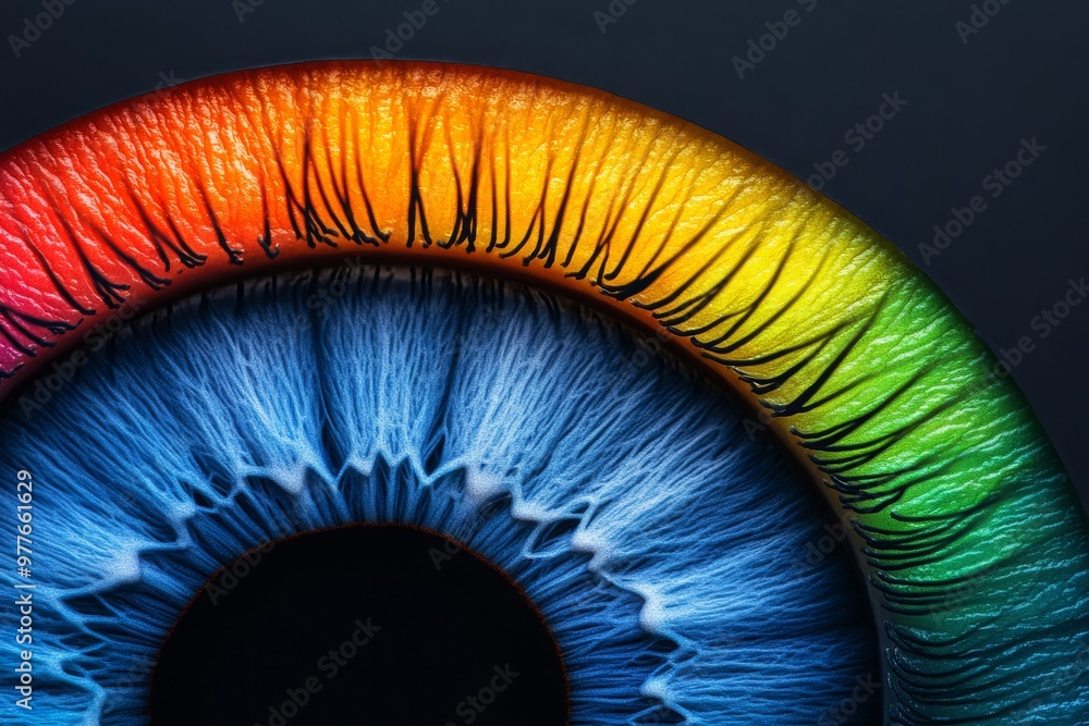 Rainbow colored eye iris displaying a full spectrum of colors with black pupil in a circular ...