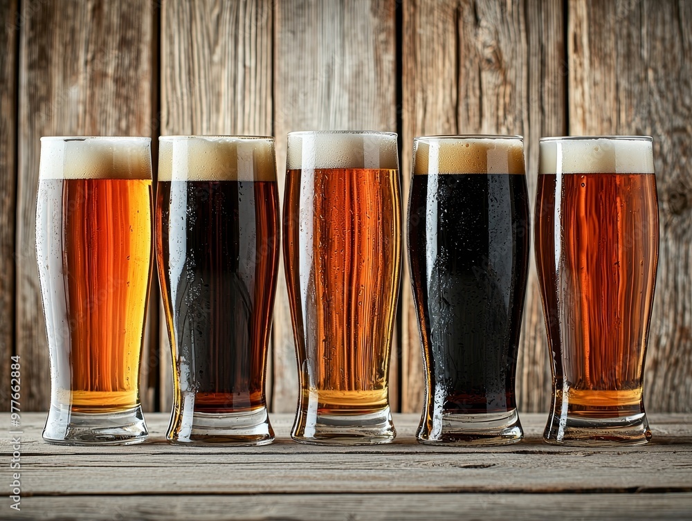Five Frosty Beers on Rustic Wood A Refreshing Lineup of Golden and Dark ...
