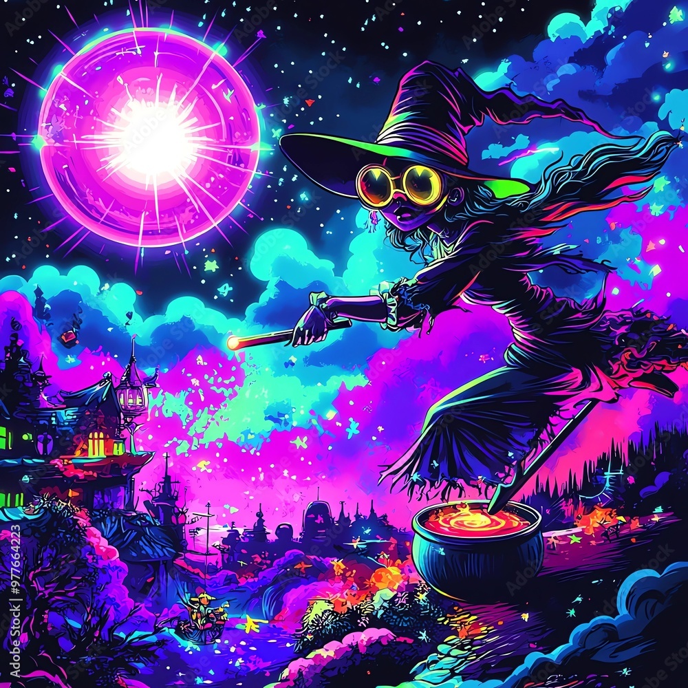 Neon witch on a broom under a bright disco ball moon in a magical ...
