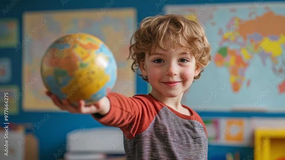 Child explaining geography with a globe in hand, pointing at a map on ...