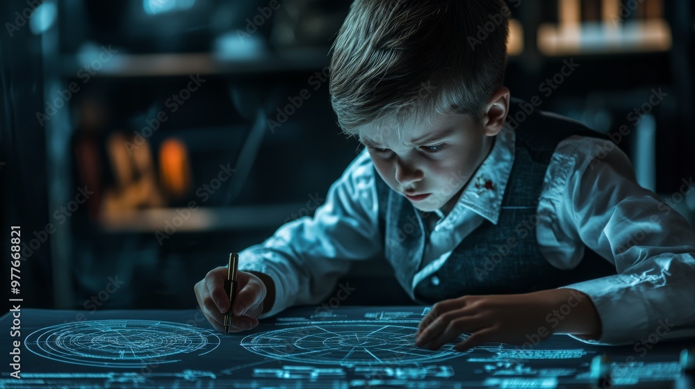 Child forensic scientist analyzing bullet trajectory with diagrams ...