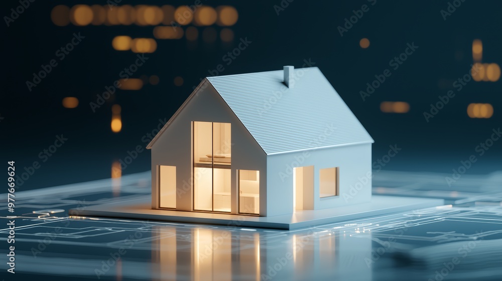 A modern home rendered in 3D, with soft lights outlining the roof and ...